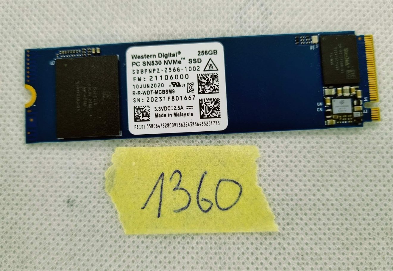 WD SN530 SDBPNPZ-256G-1002 256 GB NVMe M.2 80 mm SSD pogon Solid State ...